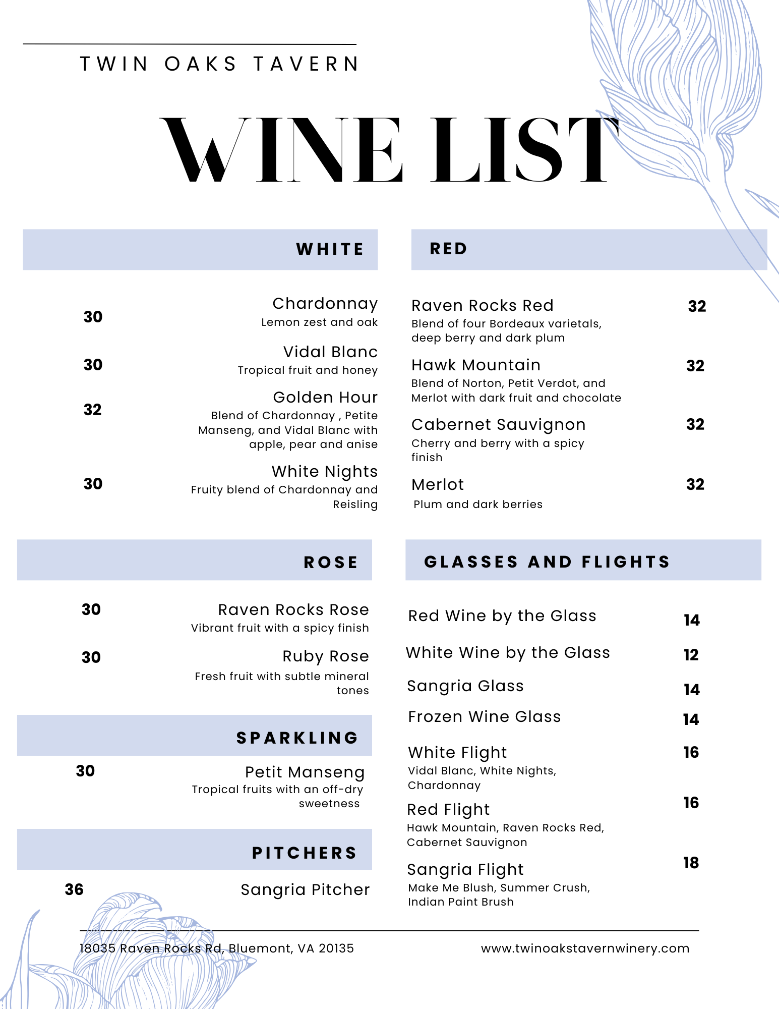 Twin Oaks Tavern Winery | Menu